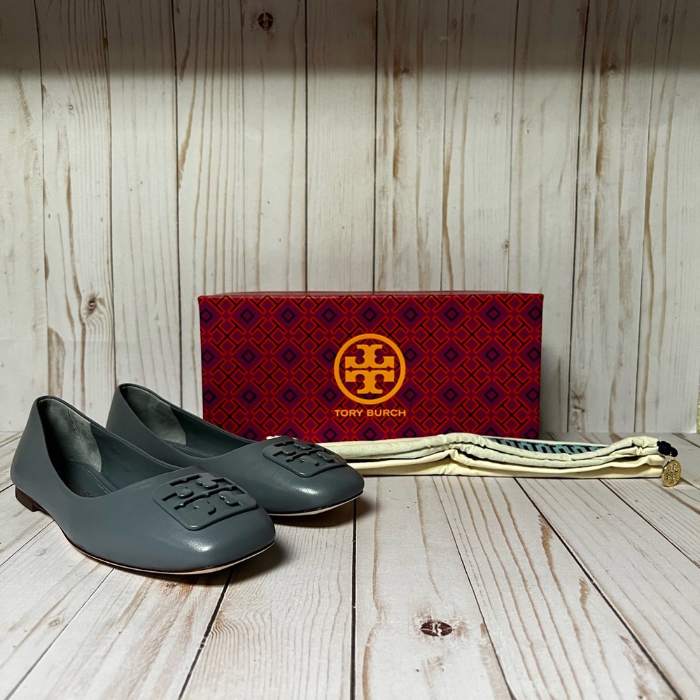 Tory Burch Georgia Square Toe Leather Ballet Flat Blu… - Gem
